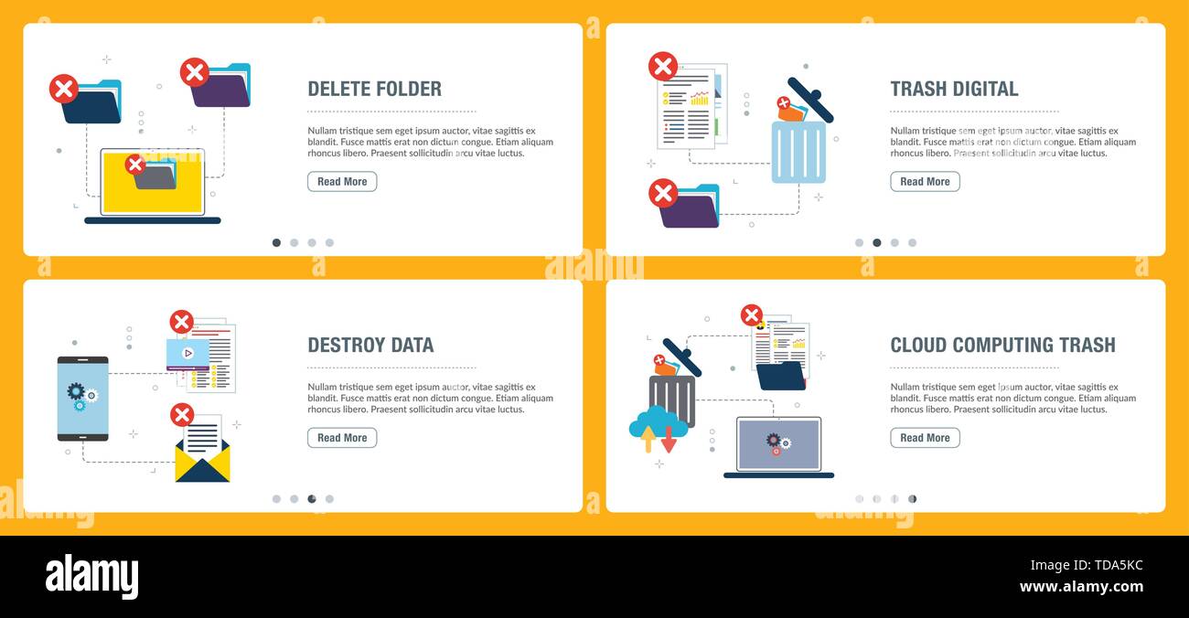 Vector set of vertical web banners with delete folder, trash digital, destroy data and cloud ...