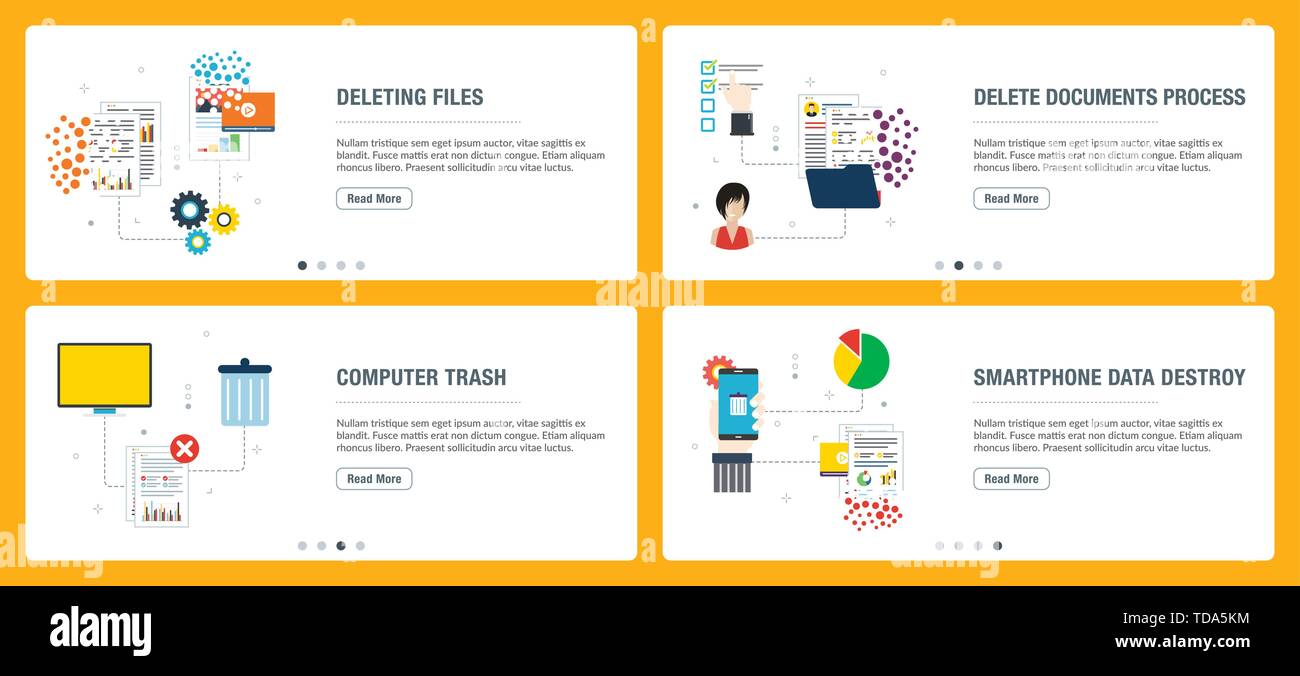 Vector set of vertical web banners with deleting files, delete documents, computer trash and ...