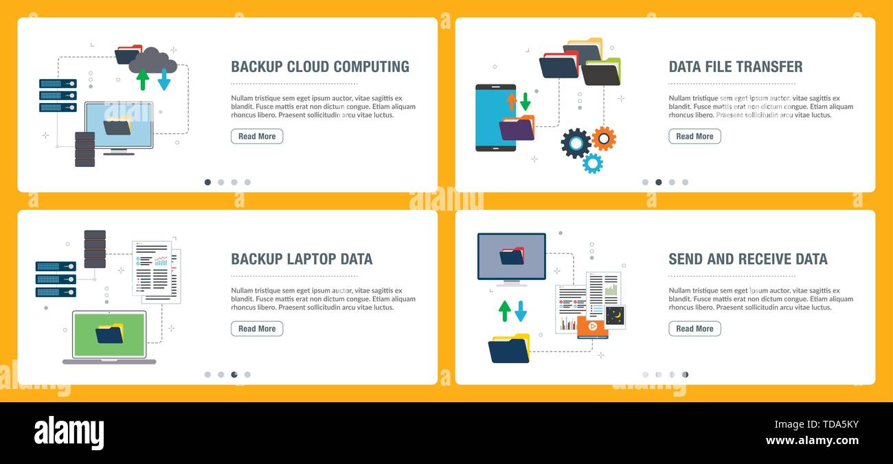Vector set of vertical web banners with backup cloud computing, backup laptop data, send and ...