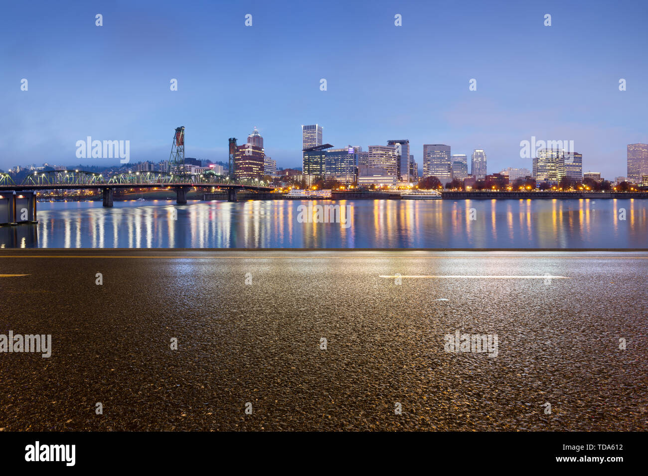 empty asphalt road with cityscape and skyline of portland Stock Photo ...
