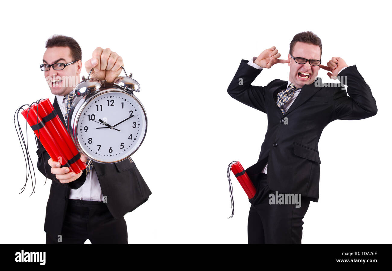 Man with time bomb isolated on white Stock Photo - Alamy