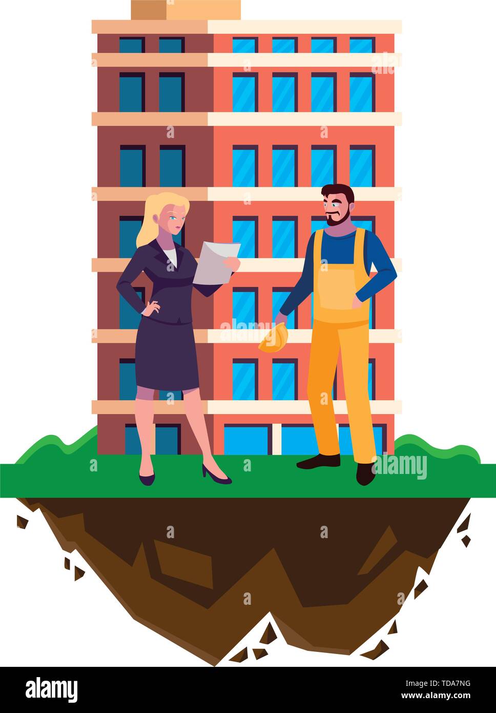 male builder constructor with woman engineer and building vector ...