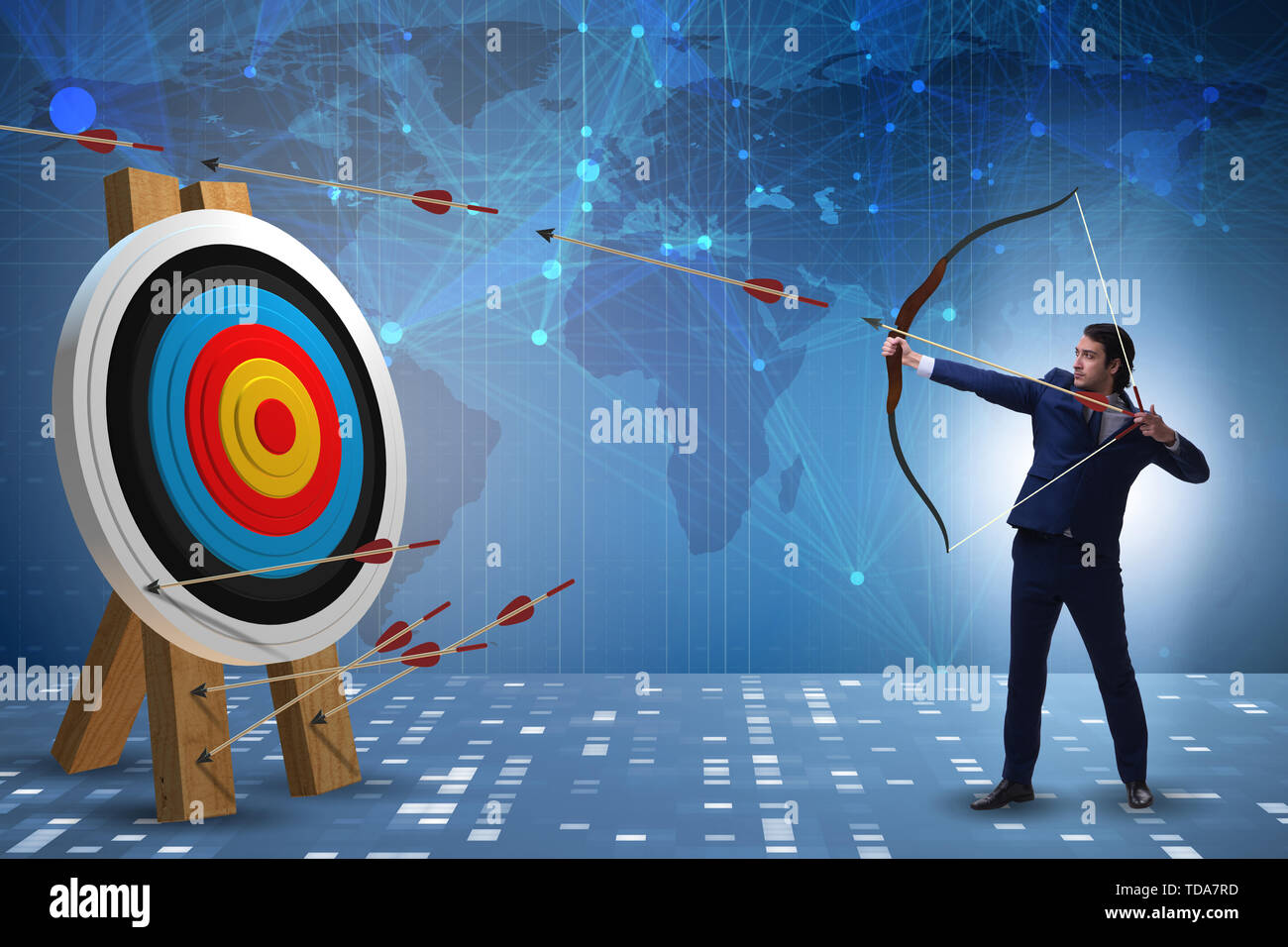 Businessman aiming arrow with bow Stock Photo - Alamy