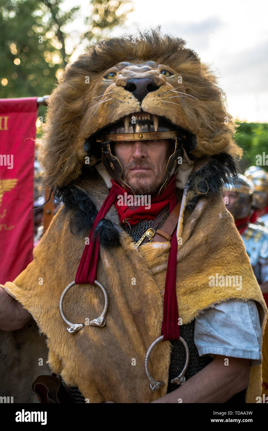 Lugo, Spain. 13th June, 2019. A man dressed as Roman soldier with the ...