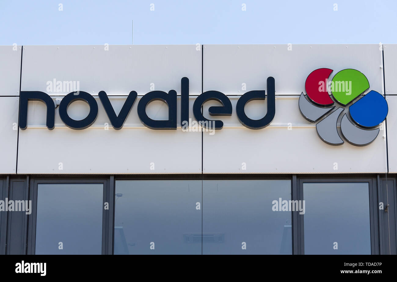 12 June 2019, Saxony, Dresden: The writing "Novaled" on the building of ...