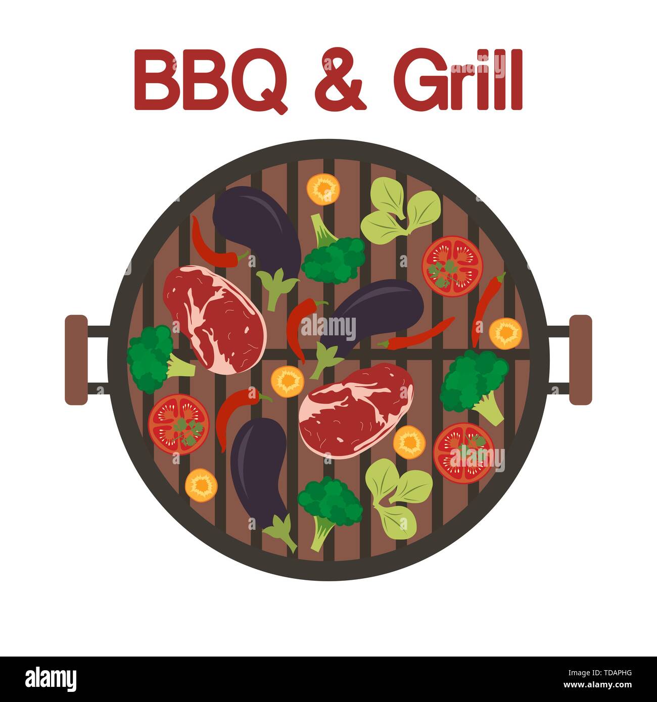Vector illustration with round barbecue grill top view with meat and ...