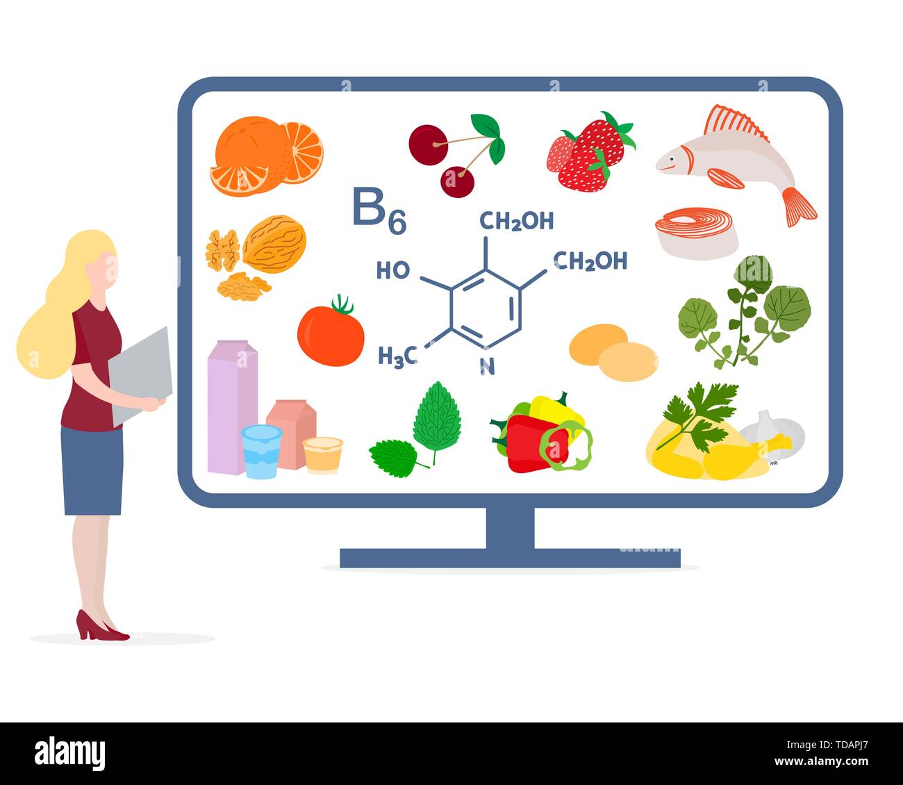 Vector illustration with woman and display showing healthy foods rich ...
