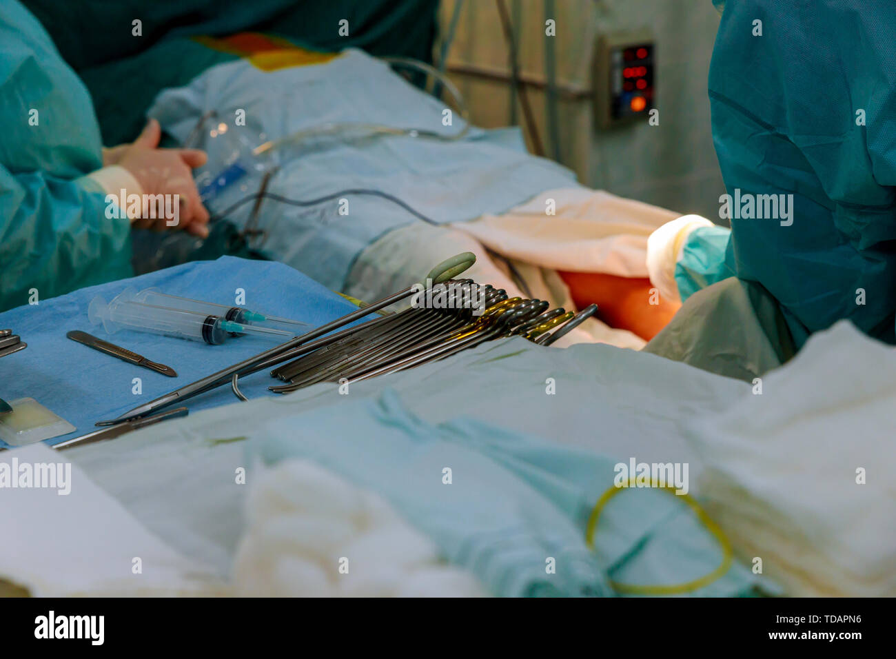Nurse preparing surgical room tray with medical tools for surgery Stock ...