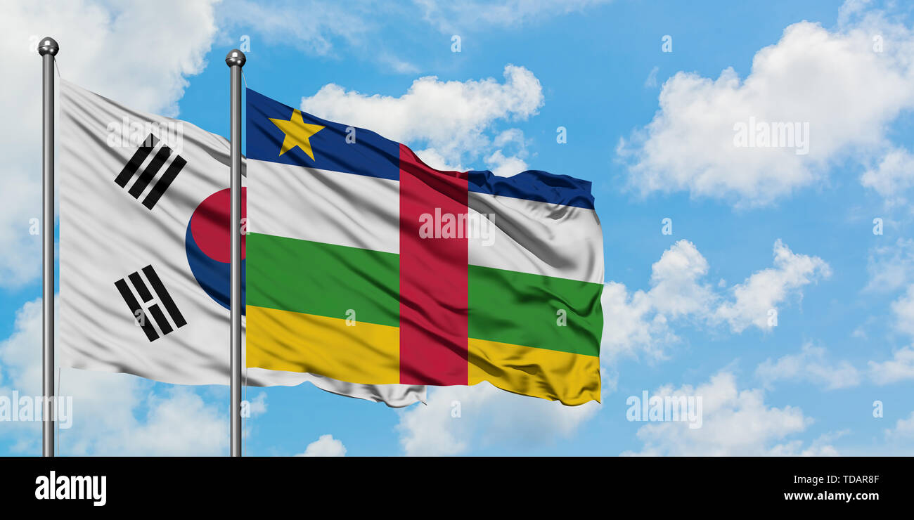 South Korea and Central African Republic flag waving in the wind ...