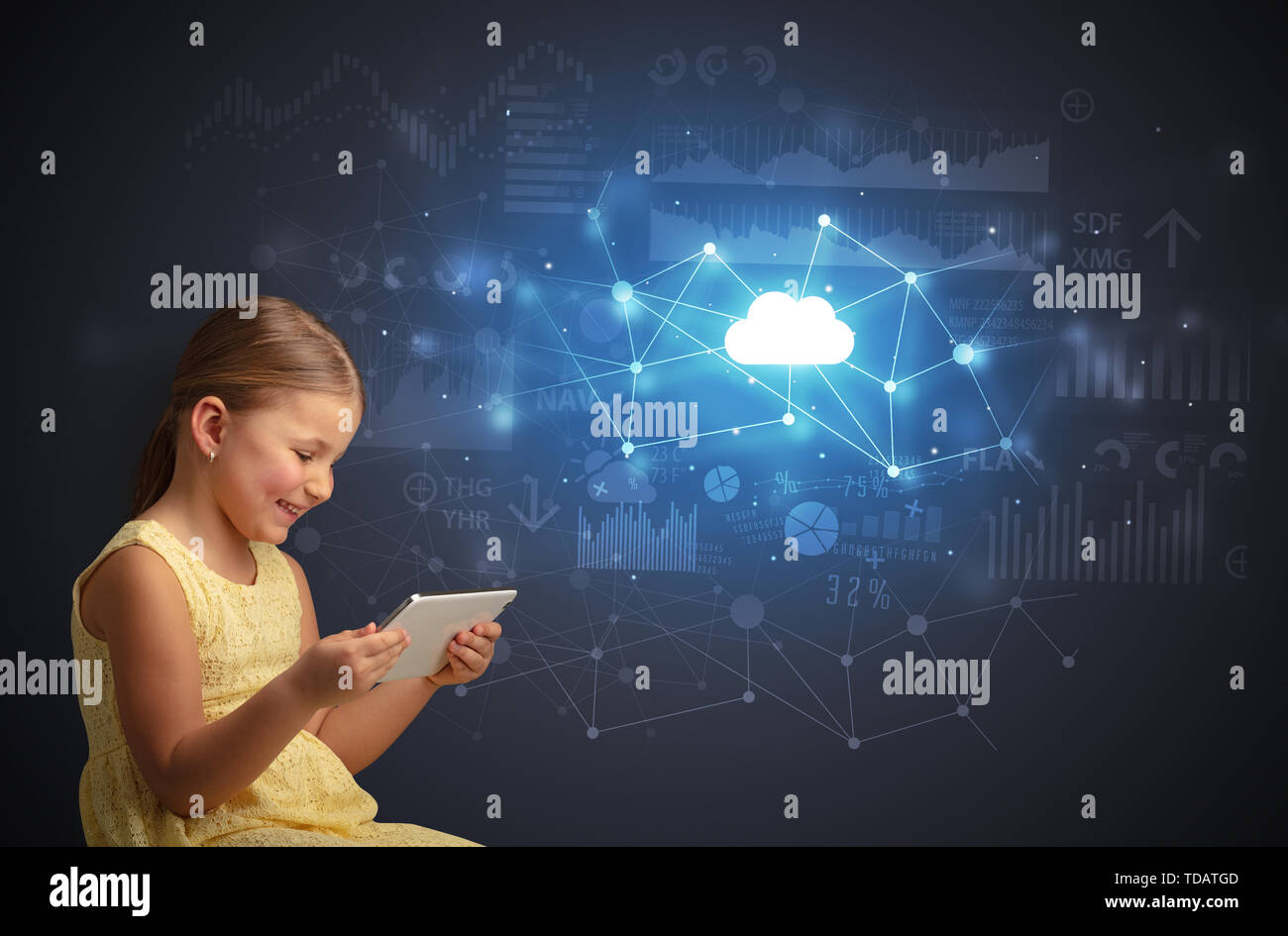 Adorable girl working on tablet with cloud technology concept Stock ...