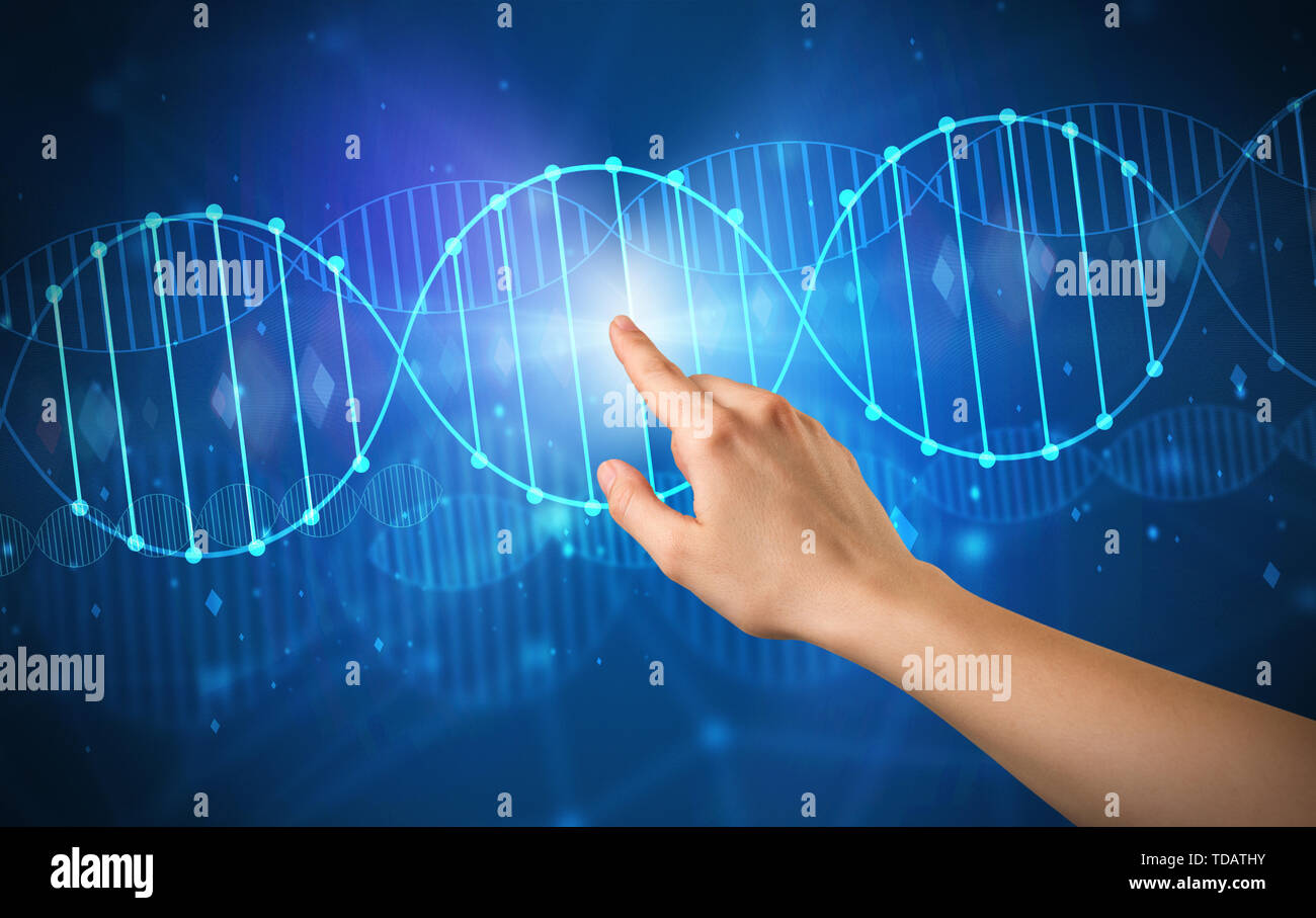 Female hand touching DNA molecule with blue background Stock Photo - Alamy