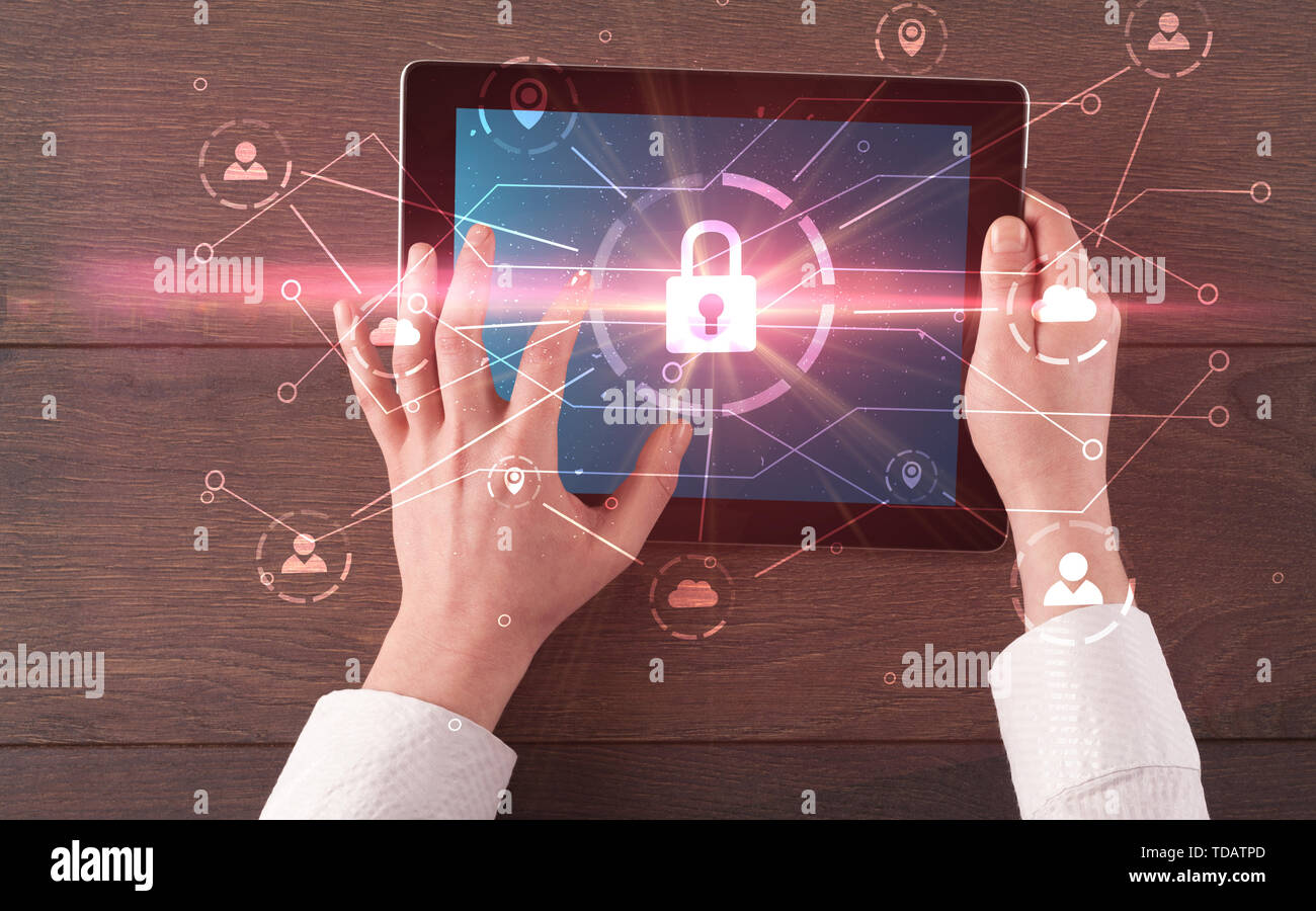 Hand touching online network security button and cloud, connection and ...