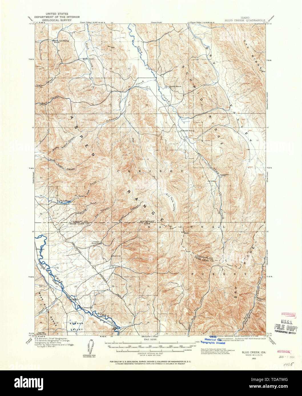 USGS TOPO Map Idaho ID Slug Creek 239276 1911 62500 Restoration Stock ...