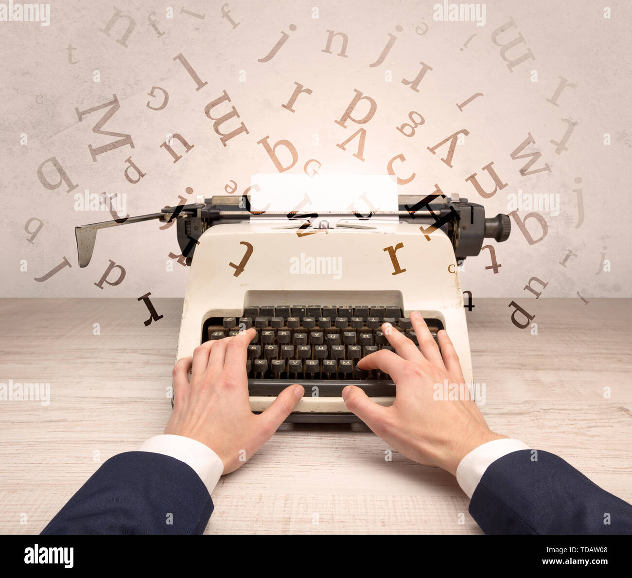 First person perspective elegant hand writing on typewriter with flying ...