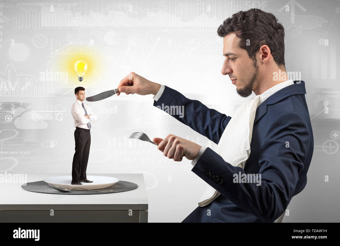 Giant businessman eating small man with financial background Stock ...