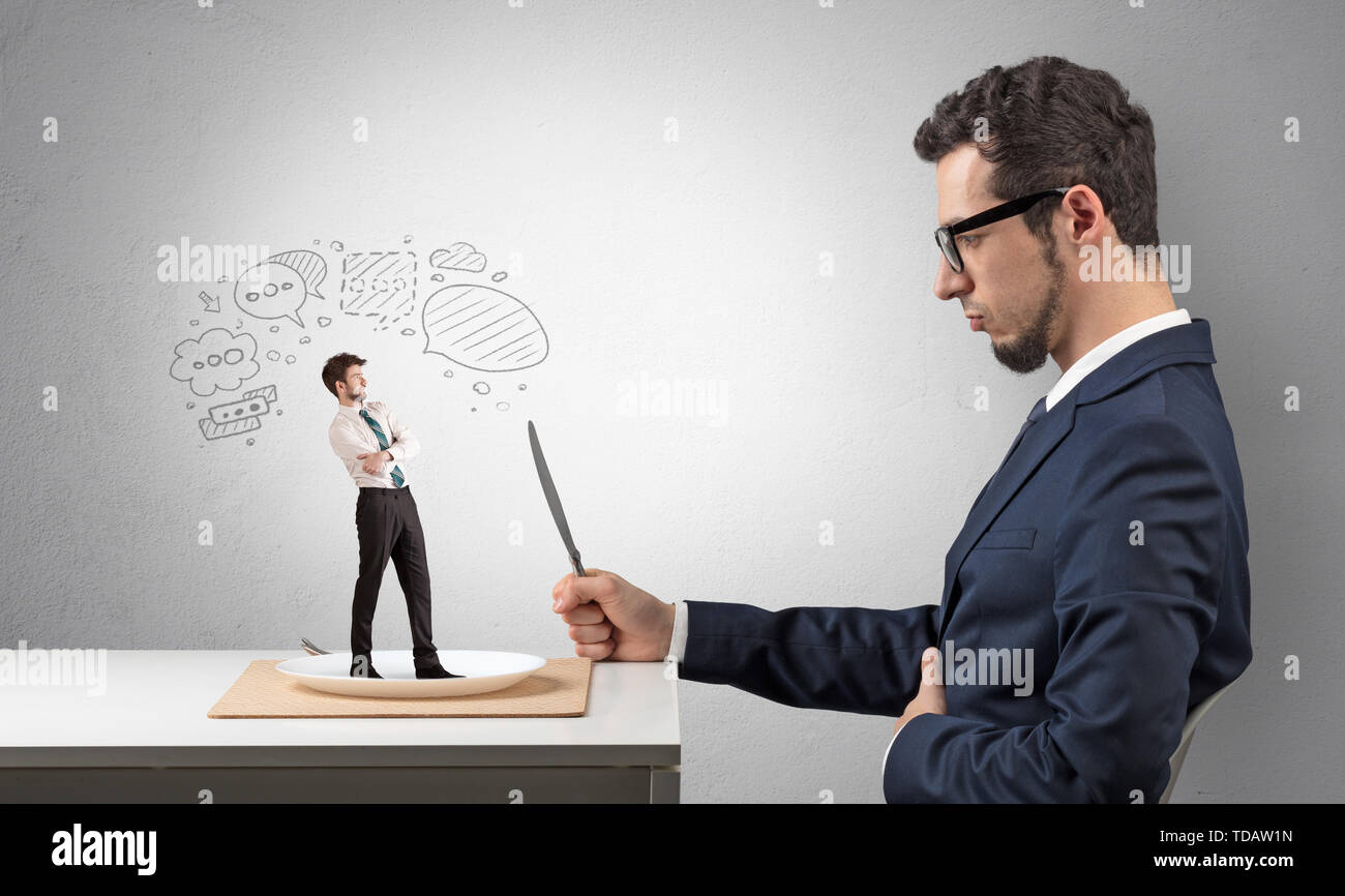 Big businessman want to eat small man with cloud messages above his ...