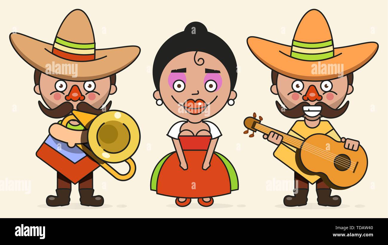 Mexican Musicians Vector Illustration With Two Men And A Woman With ...