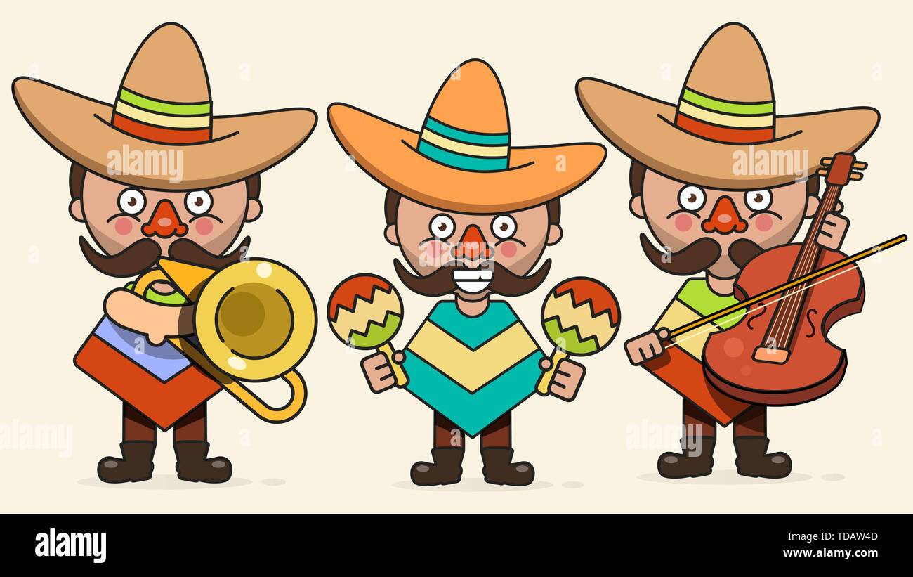 Mexican Musicians Vector Illustration With Three Men With Guitars In ...