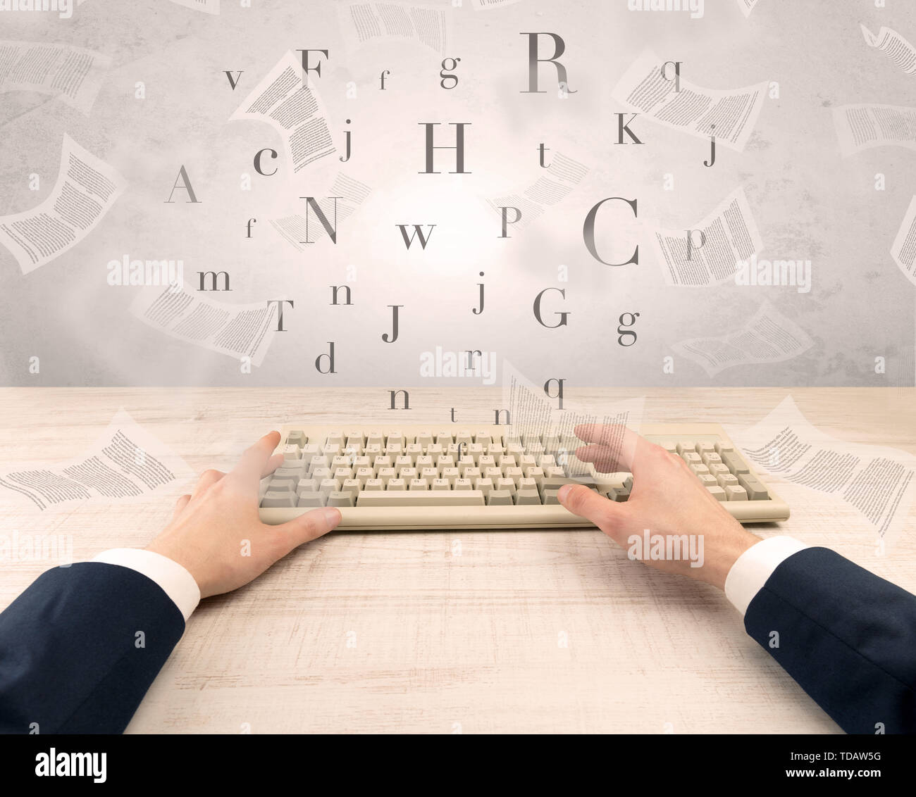 First person view of an elegant businessman hand typing with fluttering ...