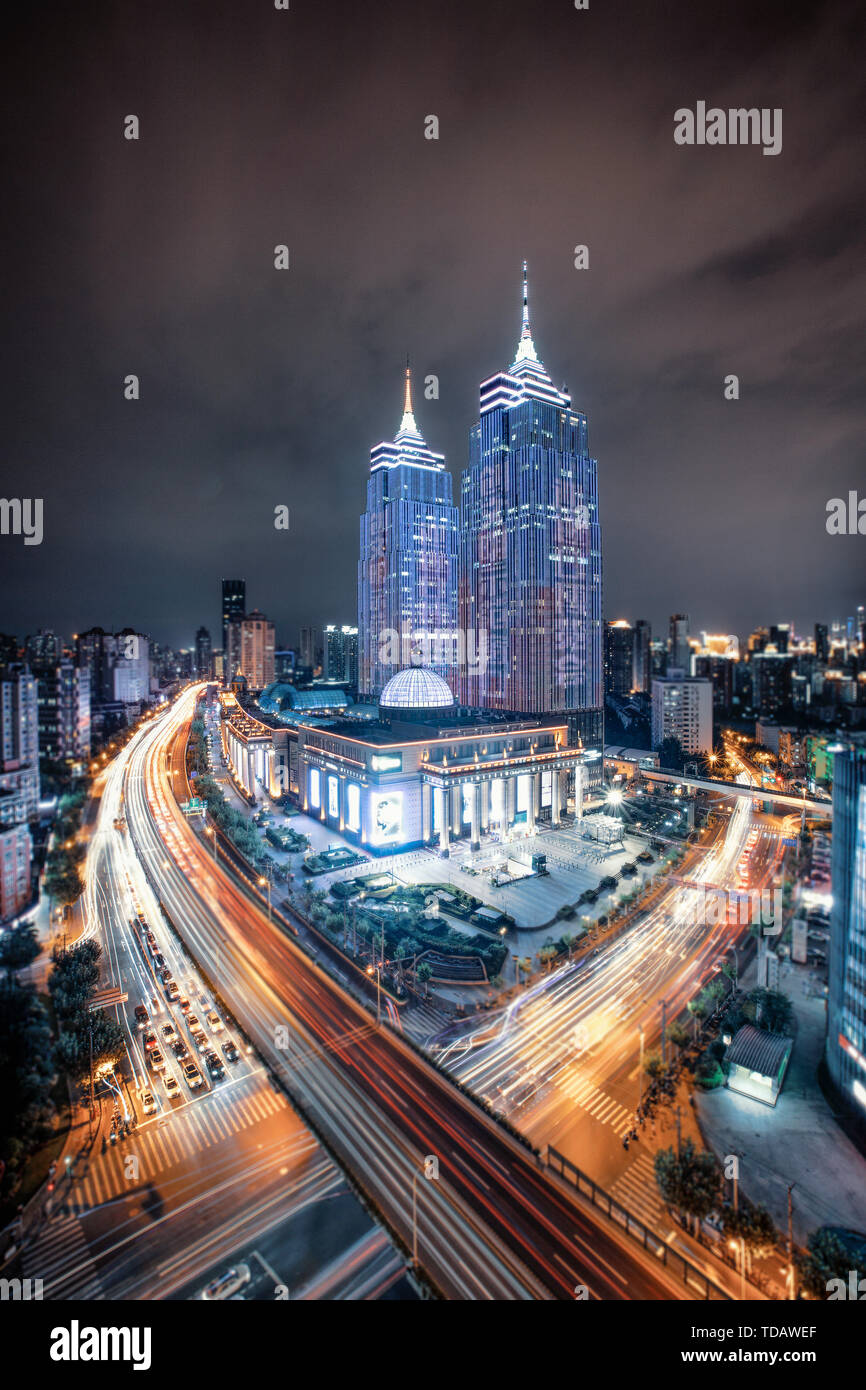 Night view of the landmark building of the Global Port in Putuo ...