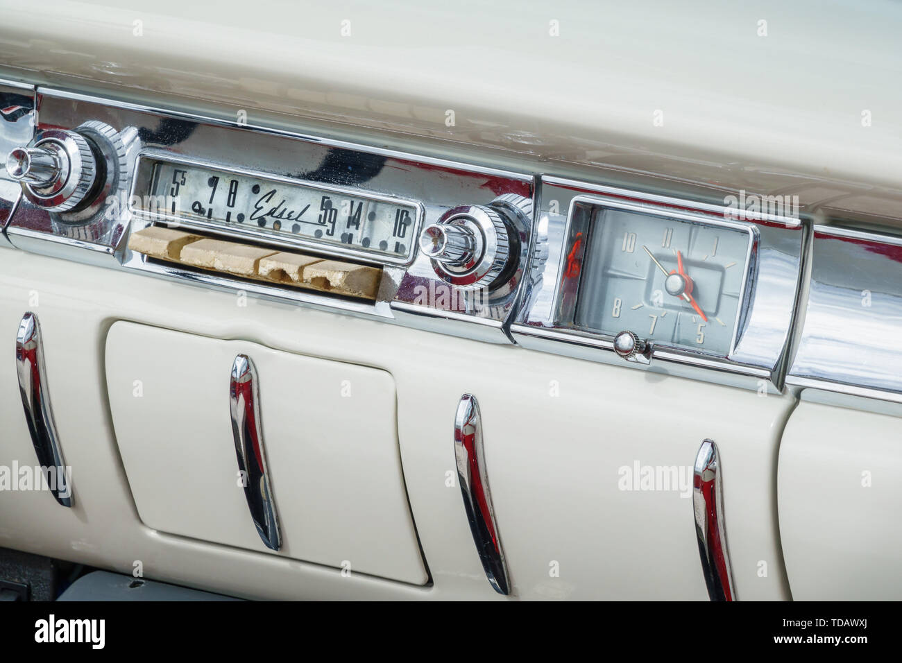 Car radio and clock in old classic Edsel car Stock Photo - Alamy