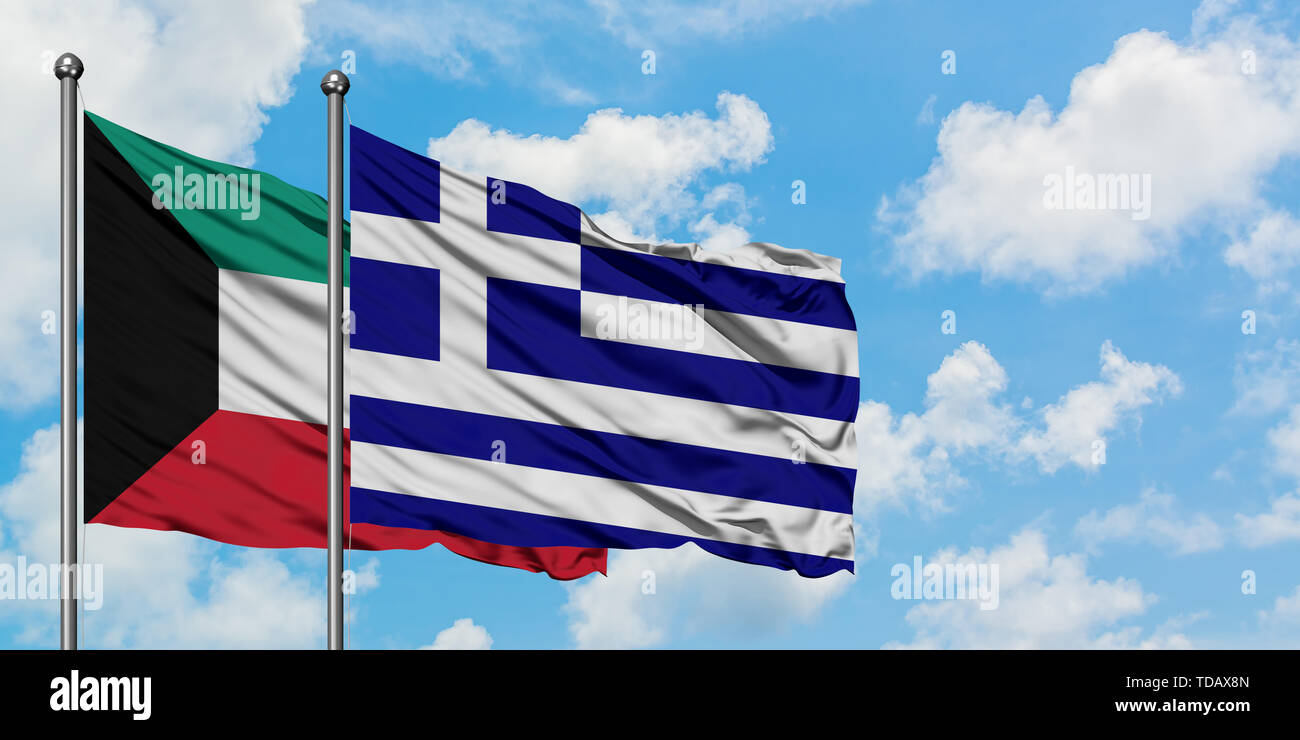 Kuwait and Greece flag waving in the wind against white cloudy blue sky ...