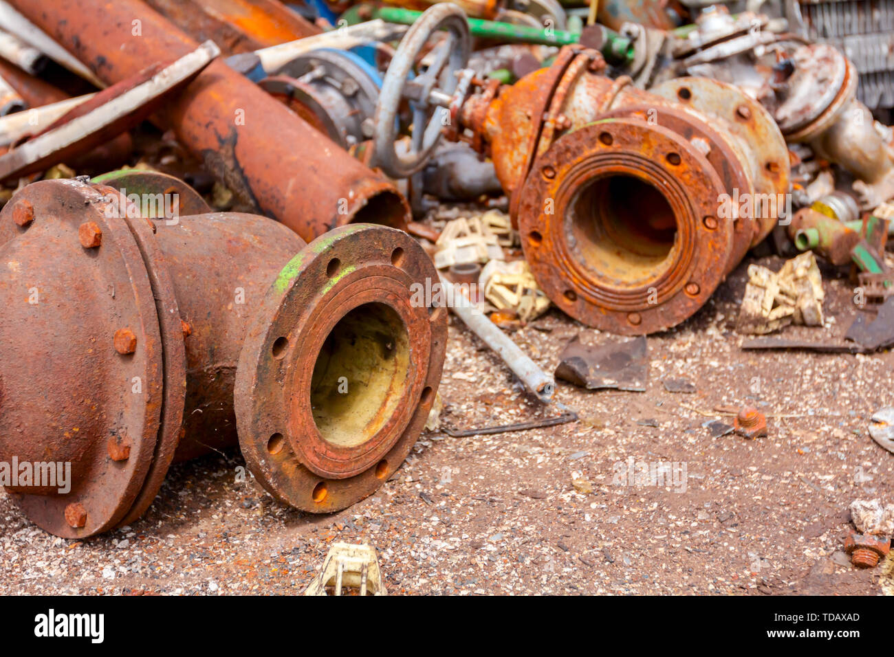 Different shapes and sizes of cut old valves and equipment, industrial ...