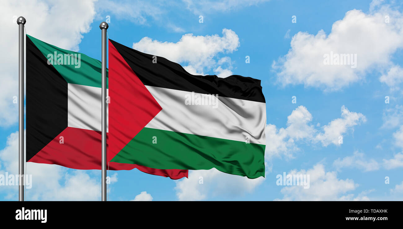 Kuwait and Palestine flag waving in the wind against white cloudy blue ...