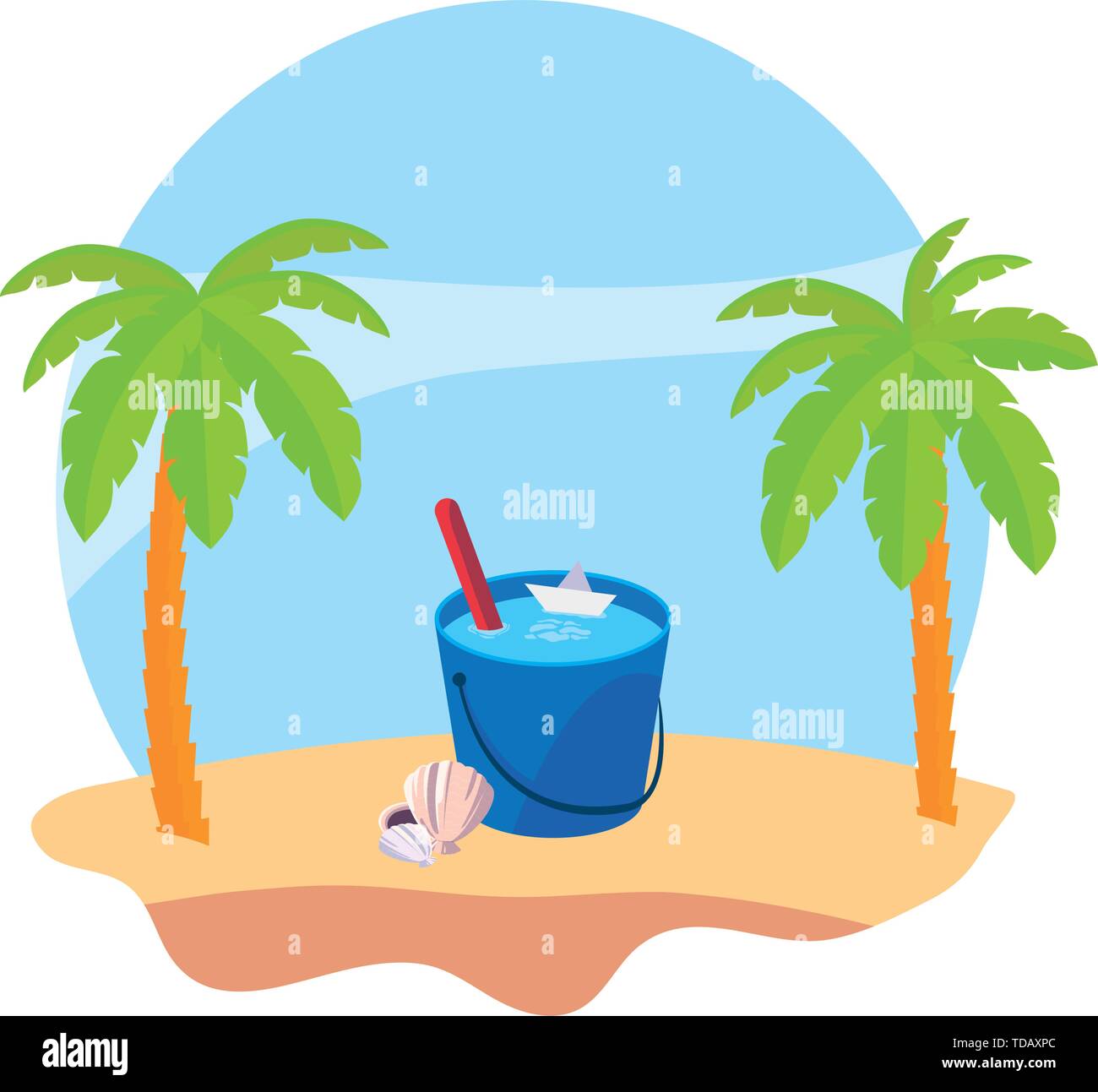 summer beach with palms and water bucket scene vector illustration ...