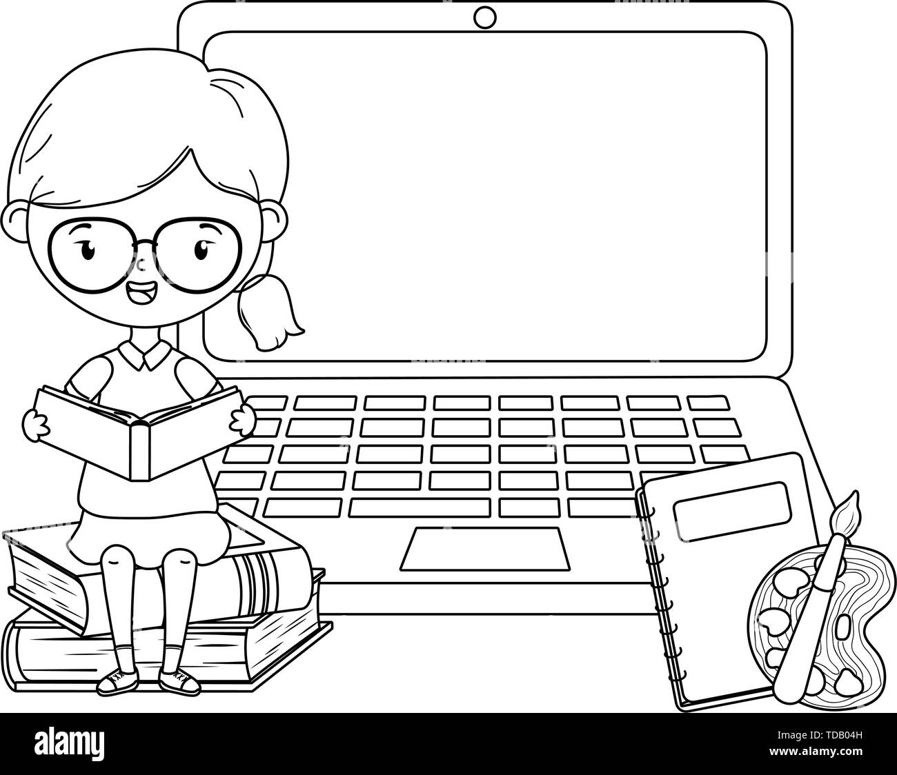 Girl kid and laptop design, School education learning knowledge study ...