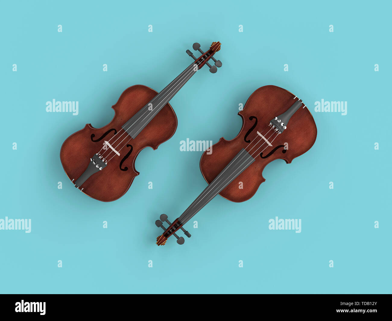 pair of violins on a blue background. 3d image render flat lay style ...