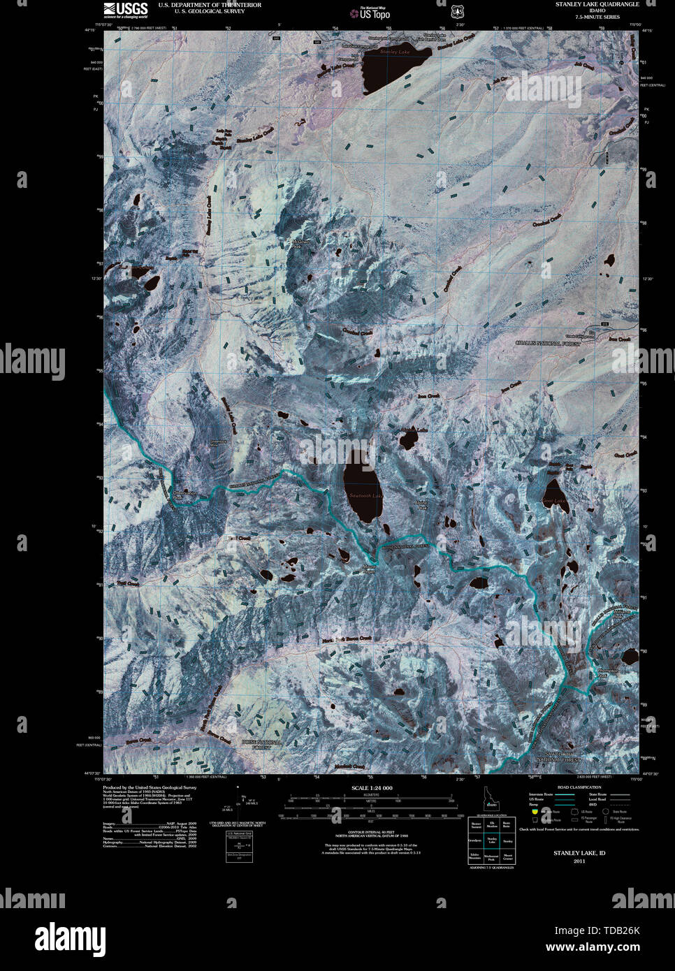 USGS TOPO Map Idaho ID Stanley Lake 20110114 TM Inverted Restoration ...
