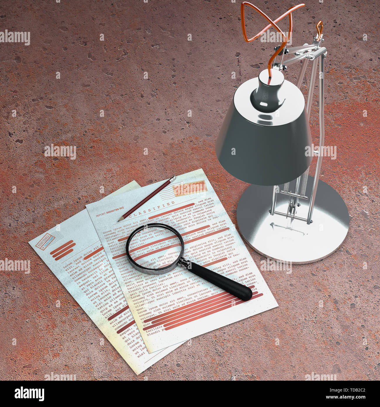 Table lamp, magnifying glass and pencil. Important sheets. Abandoned ...