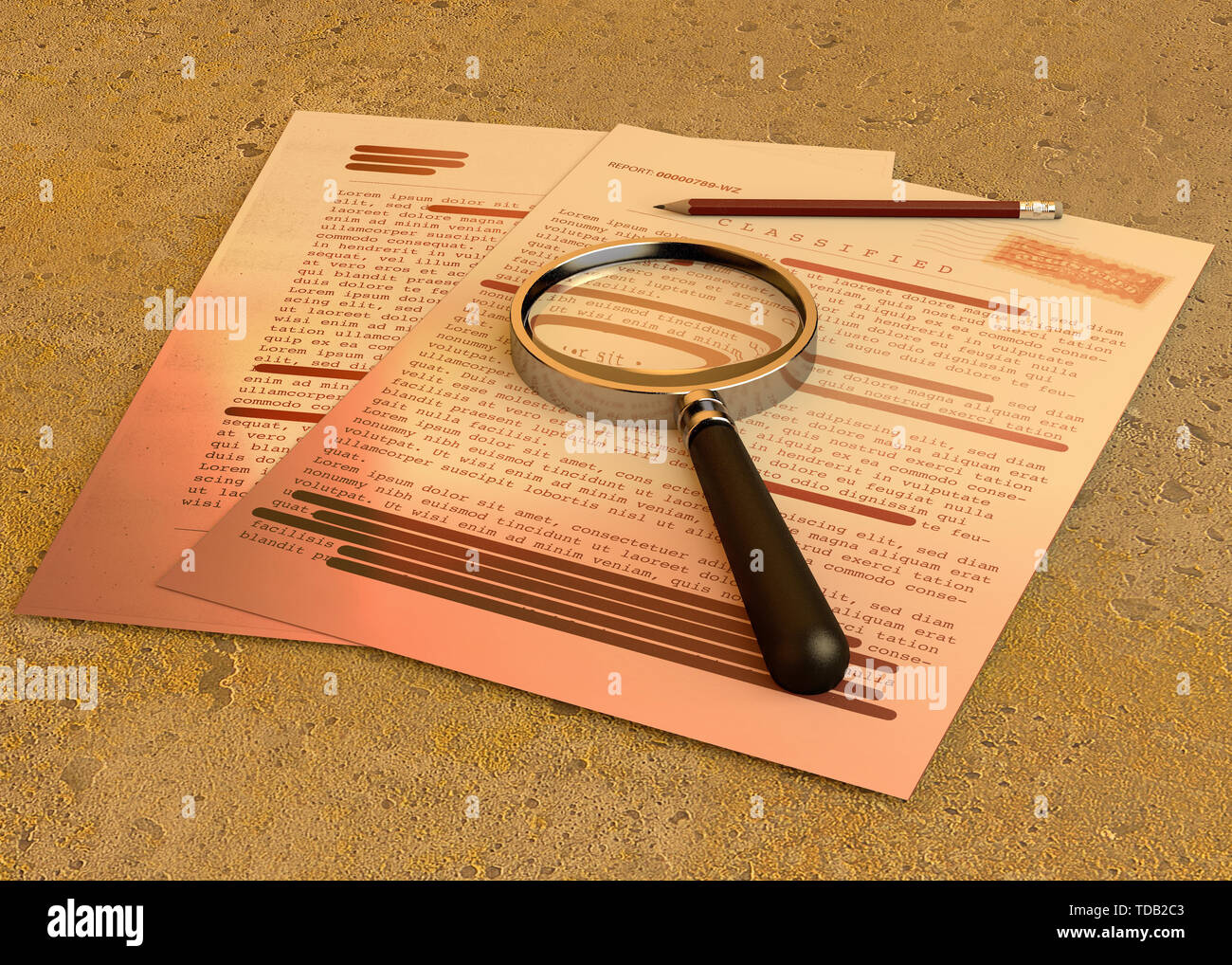 Magnifying glass and pencil. Important sheets. Abandoned and forgotten ...