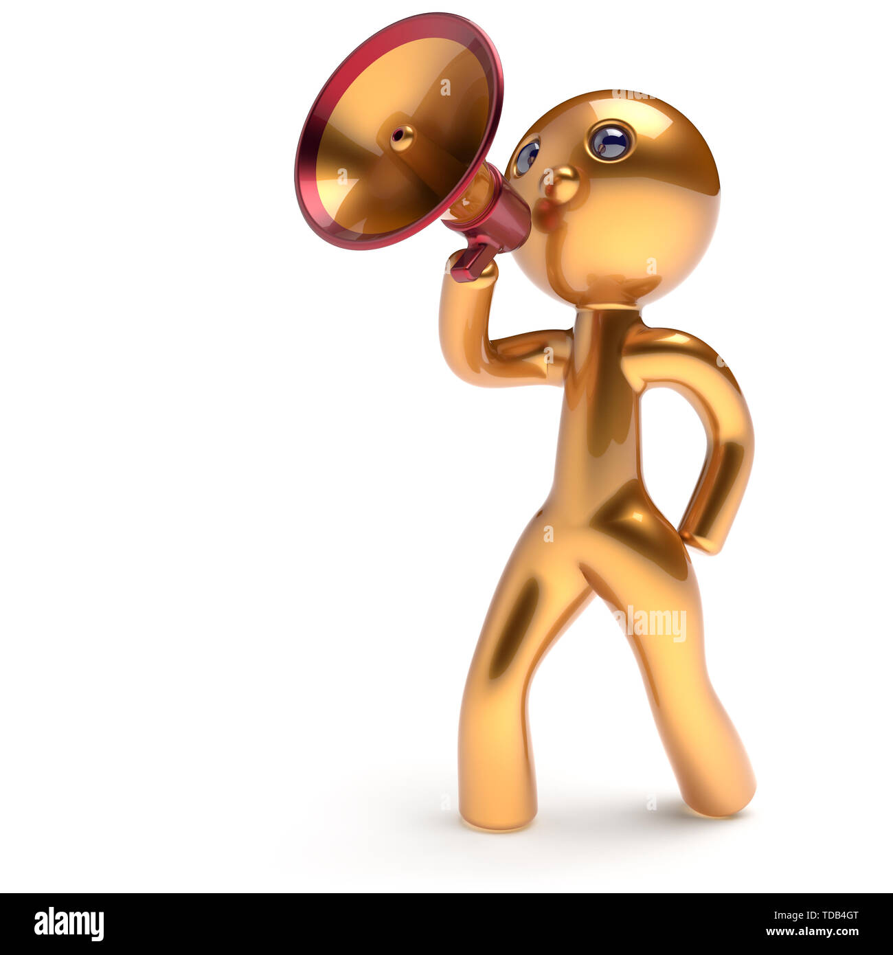 Man speaking megaphone character making announcement news golden ...