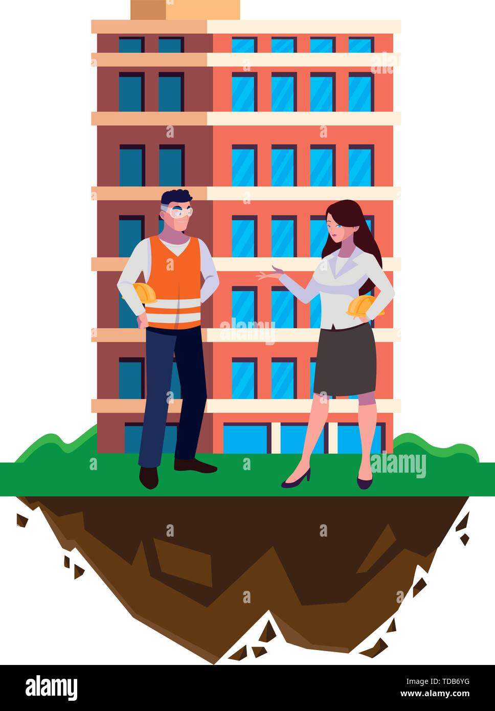 male builder constructor with woman engineer and building vector ...