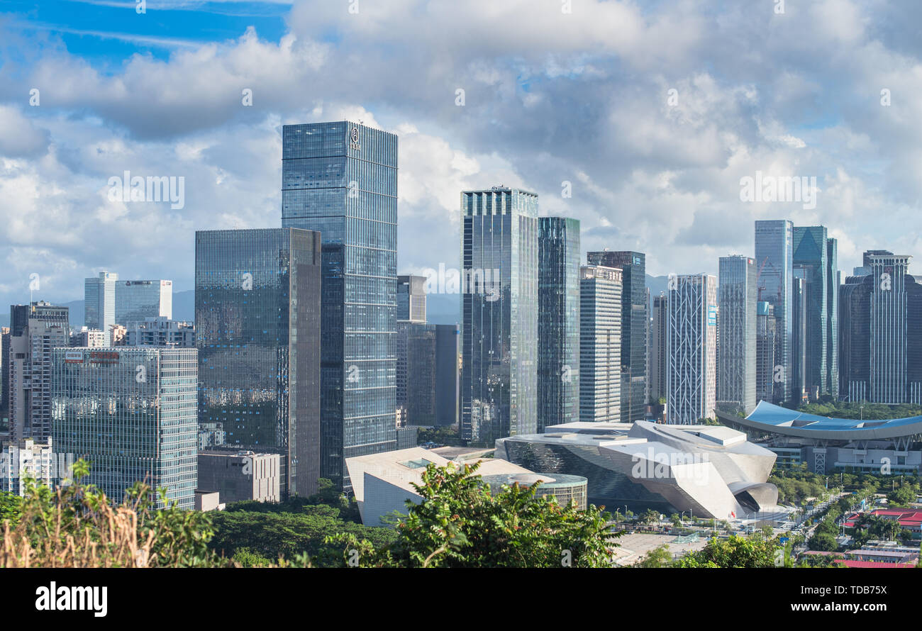 Shenzhen Futian cbd building block blue sky white clouds sunshine ...
