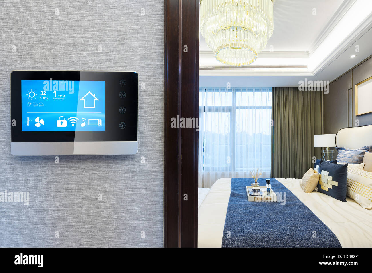 smart screen with smart home with modern bedroom Stock Photo - Alamy