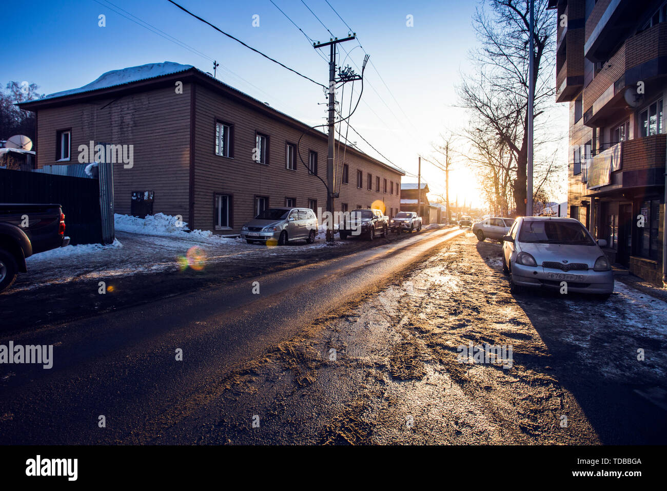 Russia, Irkutsk, Angara river, city, cold, snow, streets, roads, life ...