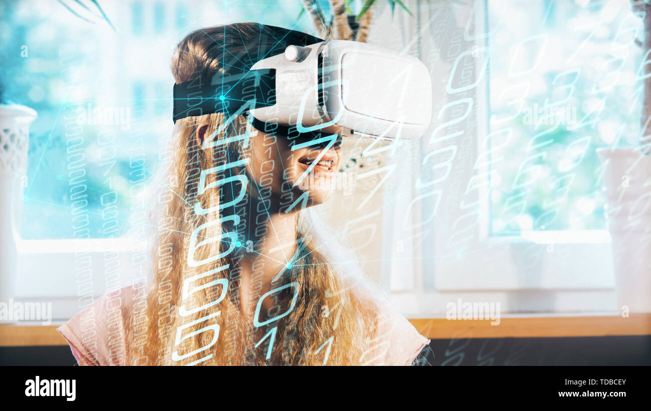 VR girl player, digital transformation code algorithm Stock Photo - Alamy