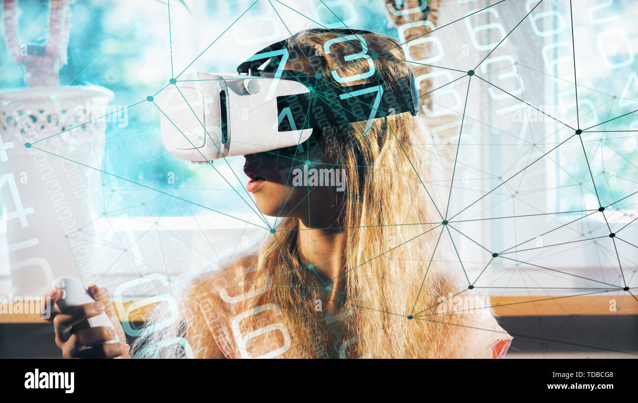 Teen using virtual reality headset, abstract shapes graphic algorithm ...