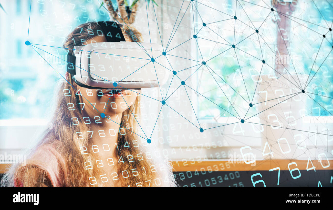 Blonde young girl with vr headset, digital world future Stock Photo - Alamy