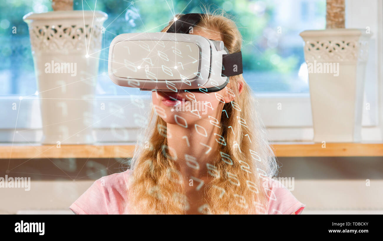 Teenager girl play VR video game, triangles lines connected dots and ...