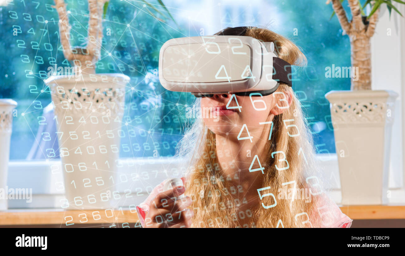 Virtual reality girl video game code, digital wires transformation ...
