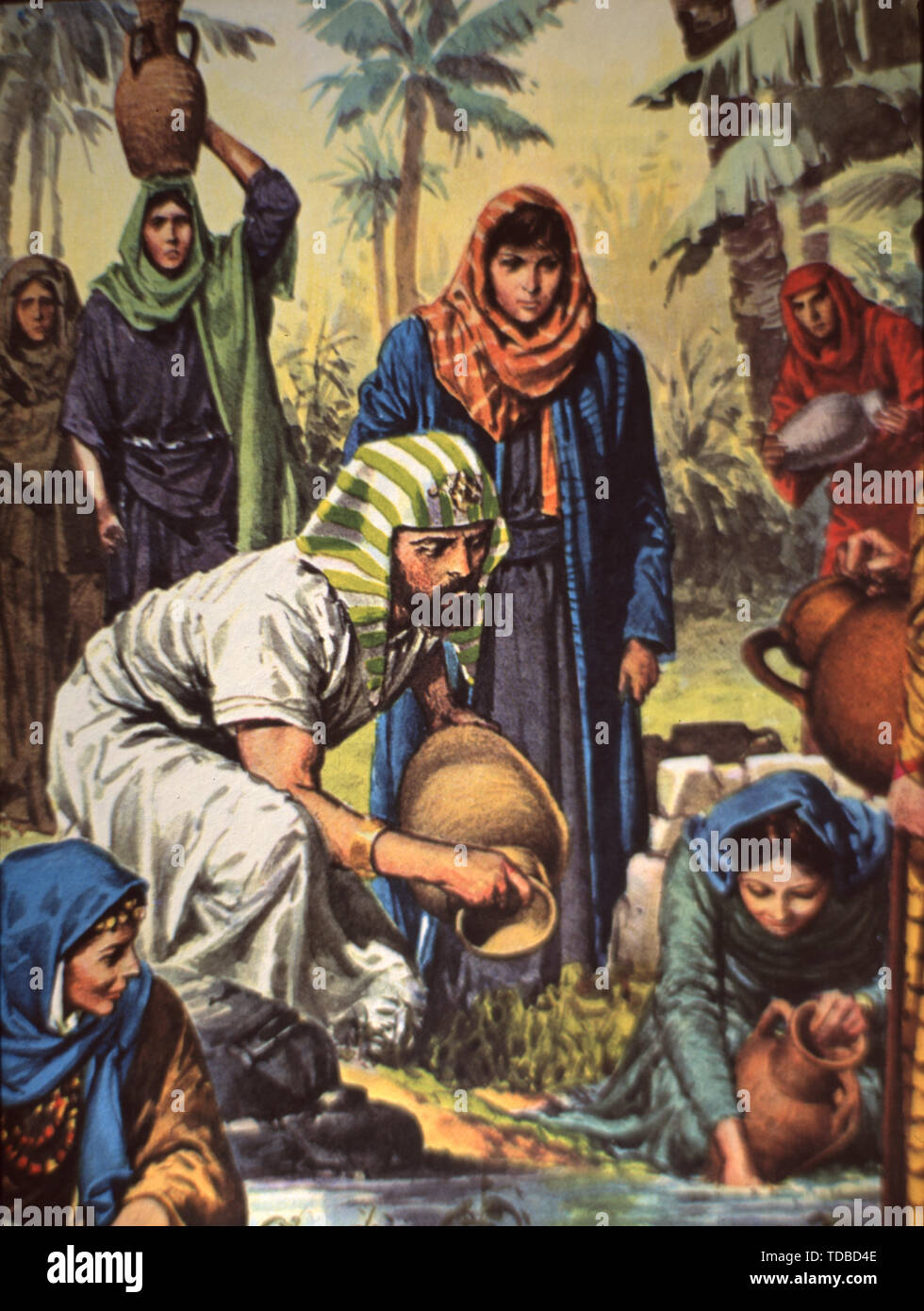 Illustration from the Bible depicting "Exodus 2:16" Joseph in Midian at ...