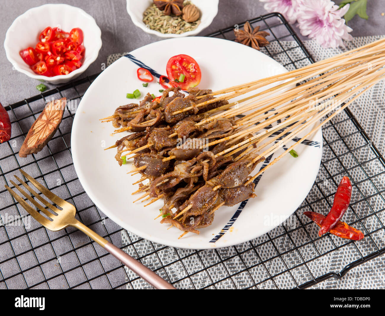 Iron plate barbecue lamb kebab, duck gizzard, lamb, pork beef Stock ...