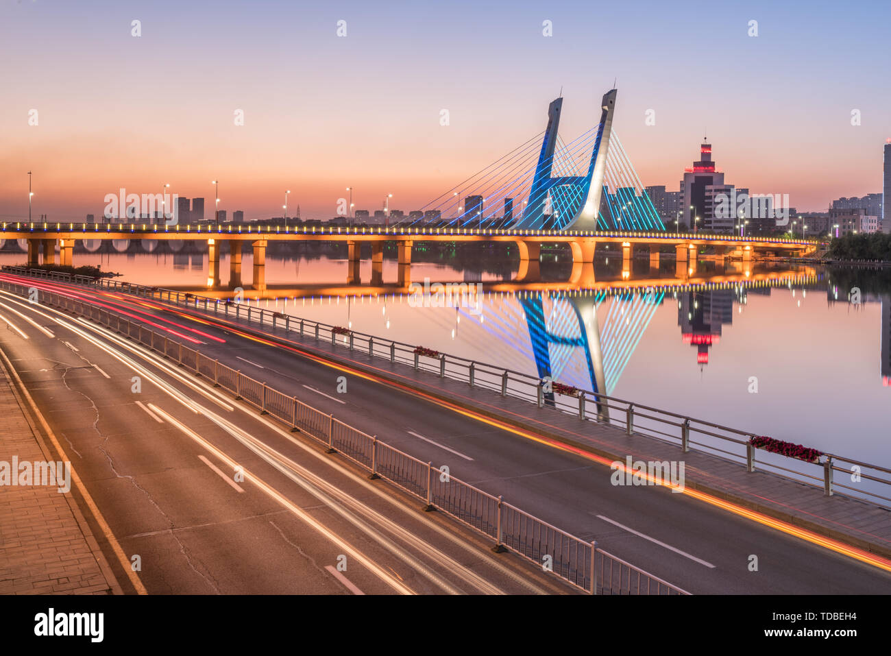 Lighting night view of cross-river bridge in Fushun city, China in ...
