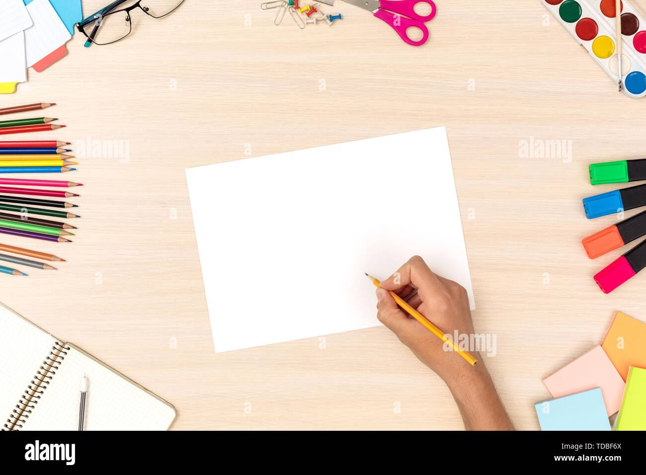 Workspace. Desk top view persong drawing picture close-up Stock Photo ...