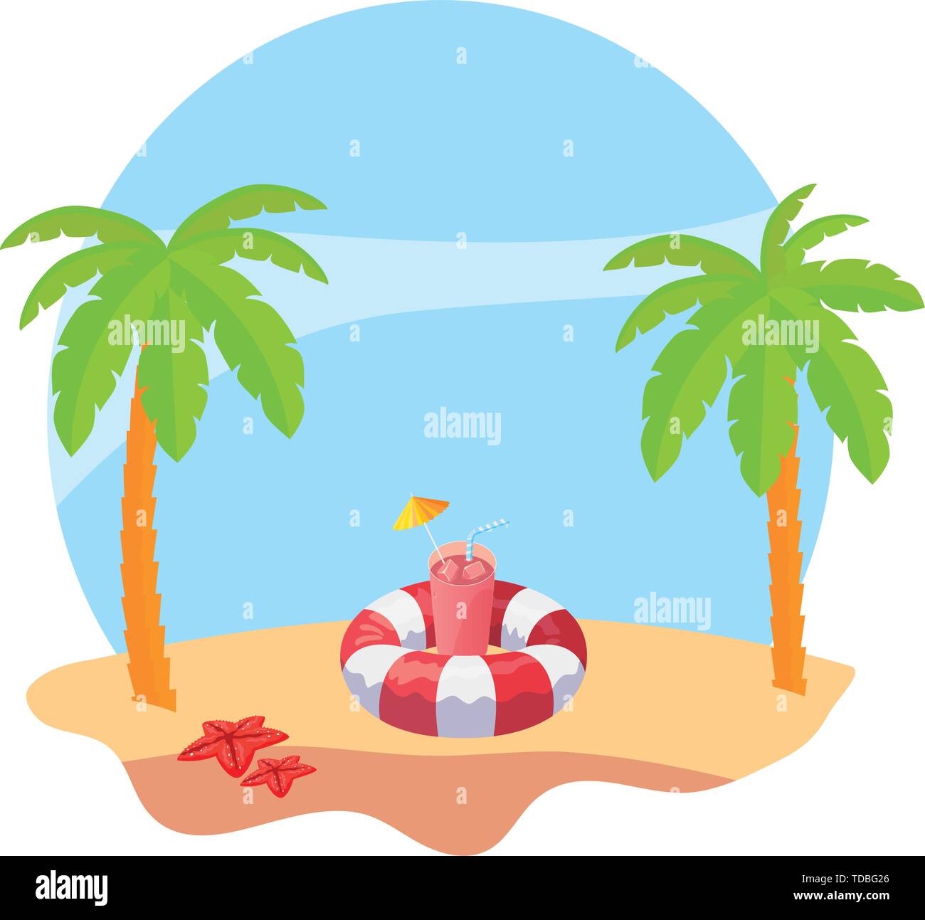 summer beach with palms and lifeguard float scene vector illustration ...