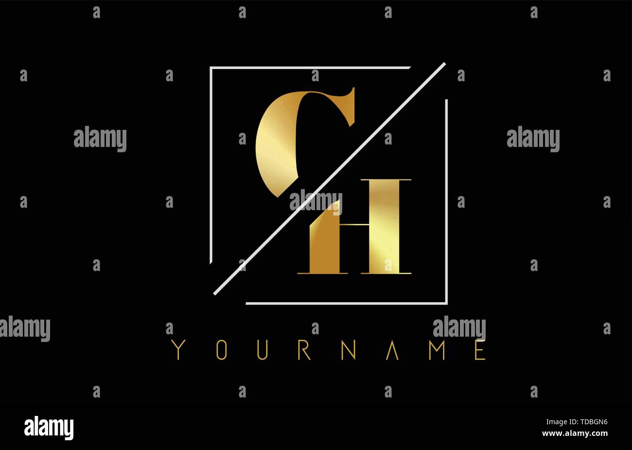 CH Golden Letter Logo with Cutted and Intersected Design and Square ...